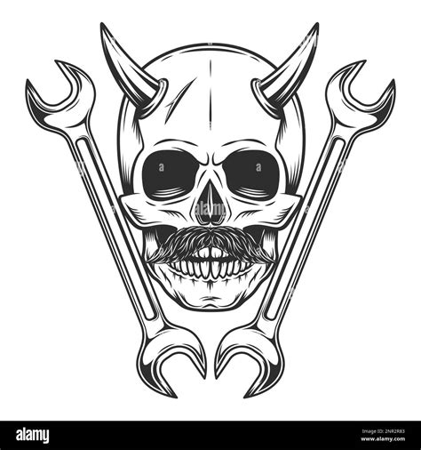 Skull With Mustache And Horn With Construction Plumbing Wrench Or