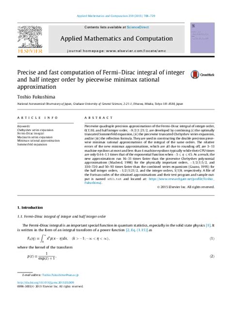 pdf precise and fast computation of fermi dirac integral of integer and half integer order by