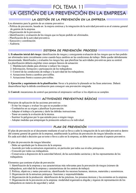 FOL TEMA 11 Fol tema 11 LA GESTIÓN DE LA PREVENCIÓN EN LA EMPRESA