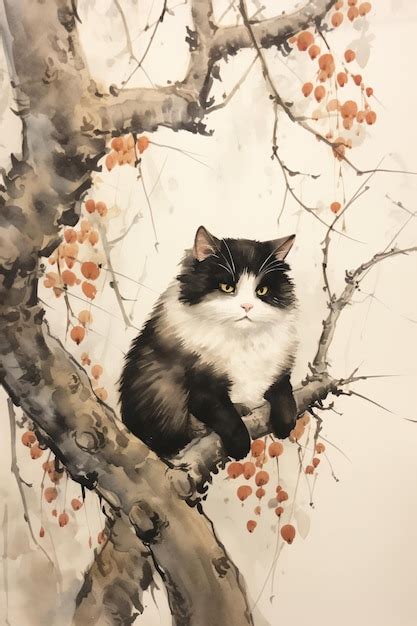 Un gato sentado en la rama de un árbol Foto Premium