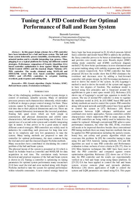 pdf ijert tuning of a pid controller for optimal performance of ball and beam system ijert