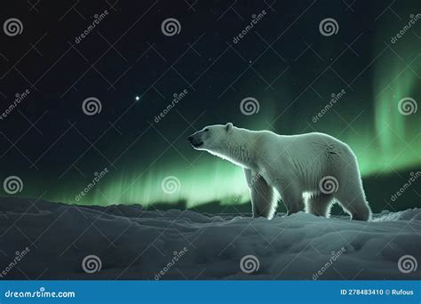 Polar Bear With Northern Lights Aurora Borealis Night Image With