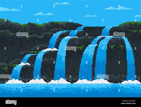 8 Bit Pixel Game Waterfall Cascade Landscape For Video Arcade Level