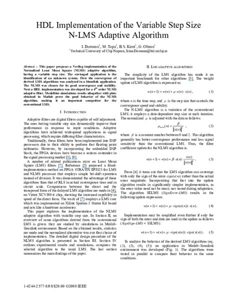 pdf hdl implementation of the variable step size n lms adaptive algorithm botond sanor kirei