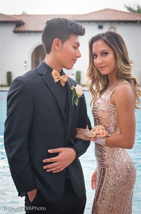 Prom Pose Idea Prom Couples Photo Prom Date Sweet Gold Dress Bow Ties Black Tux Wavy Hair