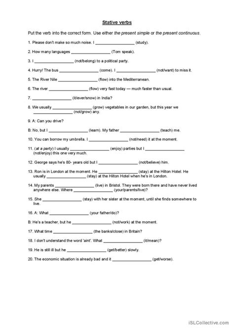 Stative Verbs English Esl Worksheets Pdf Doc