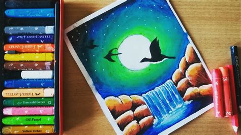 Waterfall Oil Pastel Drawing How To Draw Moonlight Waterfall Scenery