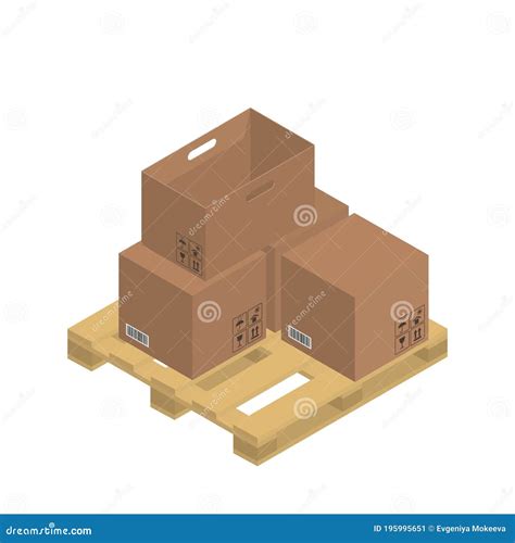 Cardboard Brown Boxes On The Wooden Pallet Isometric Graphics Stock