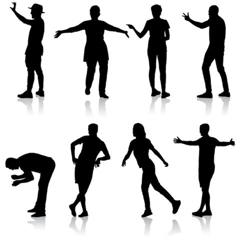 Grupo De Silueta Negra De Personas De Pie En Varias Poses Vector Premium