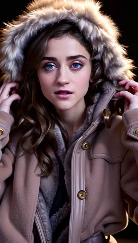 Dopamine Girl Natalia Dyer Wearing A Fur Hood Coat Brown Fabric