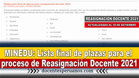 Minedu Lista Final De Plazas Para E El Proceso De Reasignaci N Docente