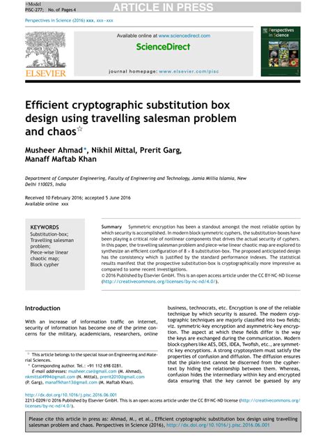 pdf efficient cryptographic substitution box design using travelling salesman problem and chaos
