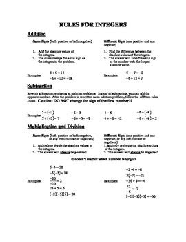Rules For Integer Operations By Jamie Bloodworth Tpt
