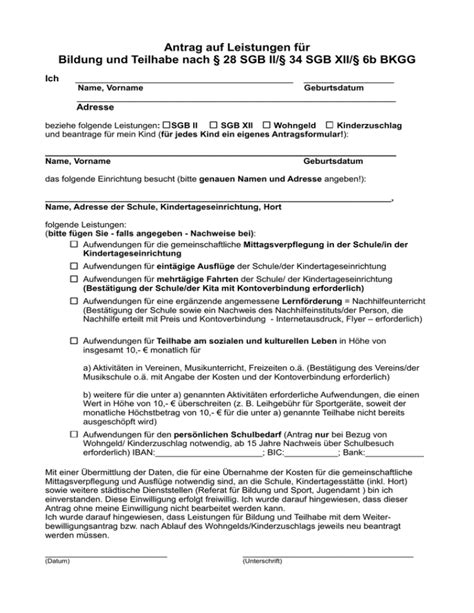 Antrag Auf Leistungen F R Bildung Und Teilhabe