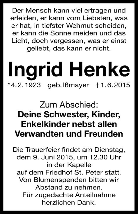 Traueranzeigen Von Ingrid Henke Trauer Nn De