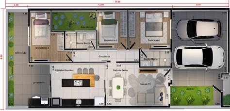 Planta de casa térrea 2 quartos e 1 suíte Projetos de Casas