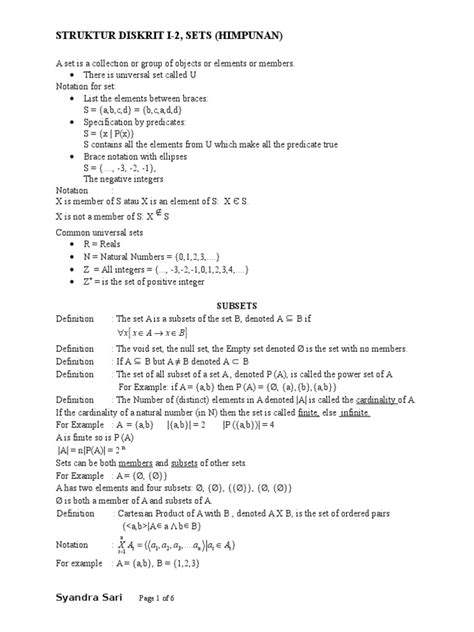 struktur diskrit i 2 sets himpunan subsets pdf empty set set mathematics