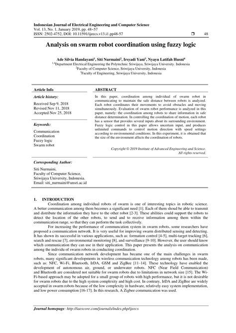 pdf analysis on swarm robot coordination using fuzzy logic
