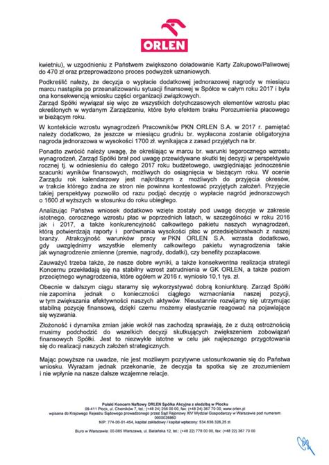 Odpowiedź PKN ORLEN na wniosek organizacji związkowych ws wypłaty