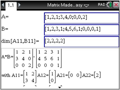 tinspire block matrix multiplication step by step stepwise math