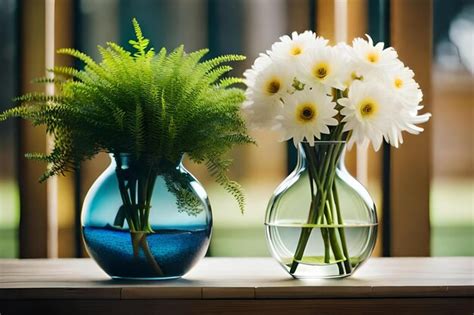 Un jarrón azul con flores blancas y hojas verdes Foto Premium