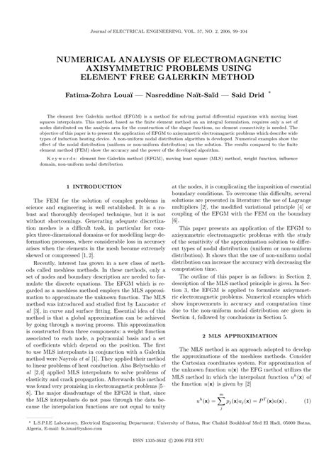 pdf numerical analysis of electromagnetic axisymmetric problems using element free galerkin method