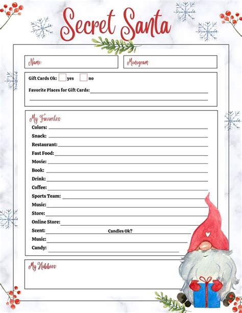 FREE Secret Santa List Printable Questionnaire 2 Options Secret
