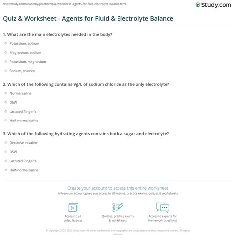 Quiz Worksheet Agents For Fluid Electrolyte Balance Study