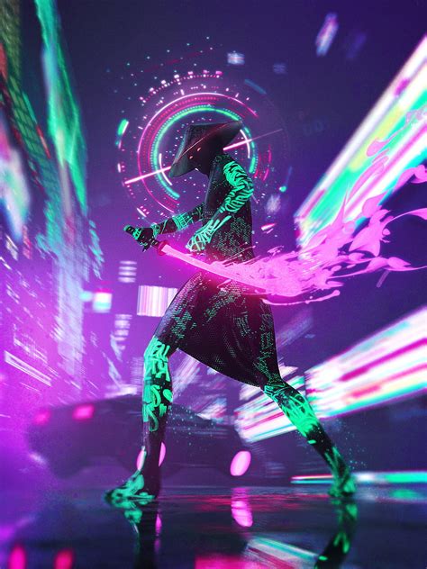 Vertical Neon Cyberpunk Futuristic Samurai Cinema D Science
