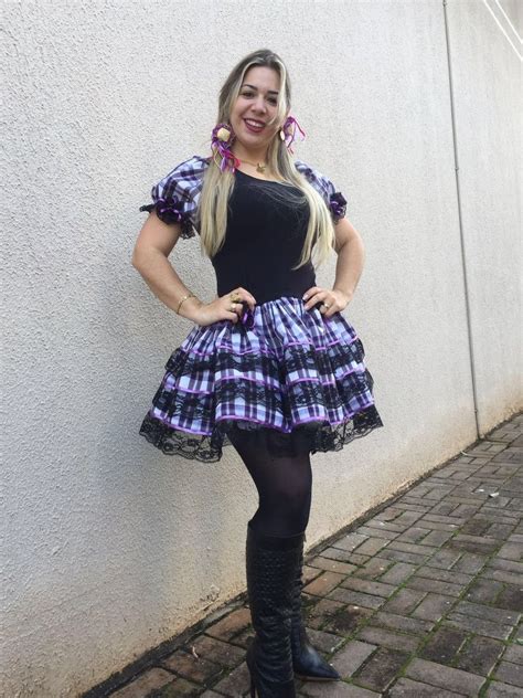VESTIDO JUNINO CAIPIRA SUPLEX PRETO XAREZ ROXO ADULTO Elo7 Traje