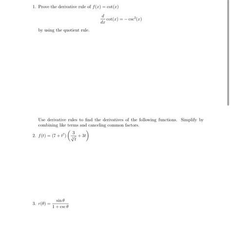 solved 1 prove the derivative rule of f x cot x