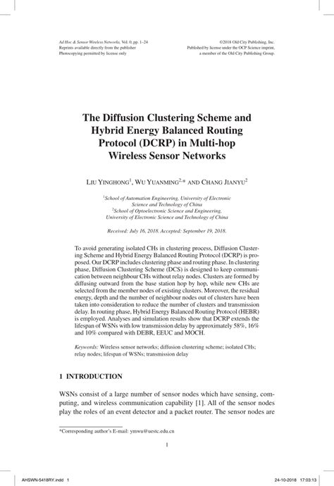 pdf the diffusion clustering scheme and hybrid energy balanced routing protocol dcrp in