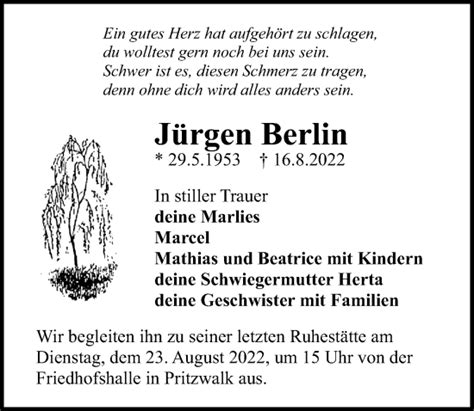 Traueranzeigen von Jürgen Berlin trauer anzeigen de
