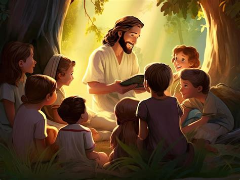 Hermosa escena de jesús enseñando a los niños leyendo la biblia