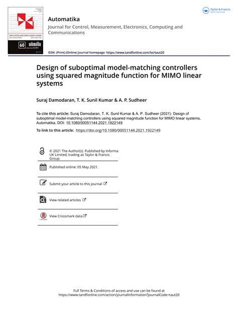 pdf design of suboptimal model matching controllers using squared magnitude function for mimo
