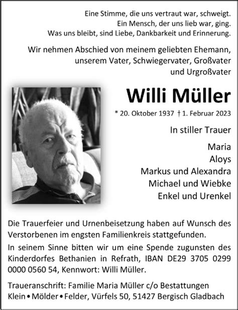 Traueranzeigen von Willi Müller WirTrauern