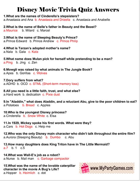 Free Printable Disney Movie Trivia Quiz