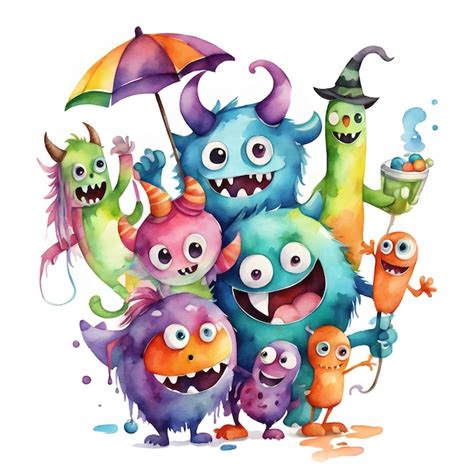 Premium Photo Watercolor Halloween Monsters Clipart Generative Ai