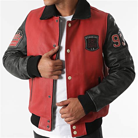 Redskins Veste Teddy Cuir Skateboard Rouge Noir