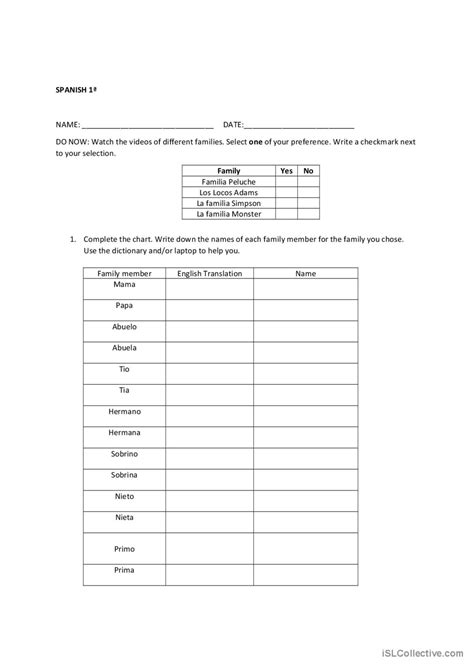 La familia Español ELE hojas de trabajo pdf doc