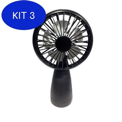 Kit 3 Mini Ventilador Portátil Mão Usb Recarregável Led Preto