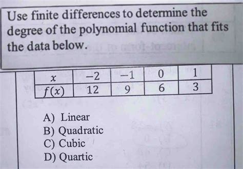 solved use finite differences to determine the degree of the polynomial function that fits the