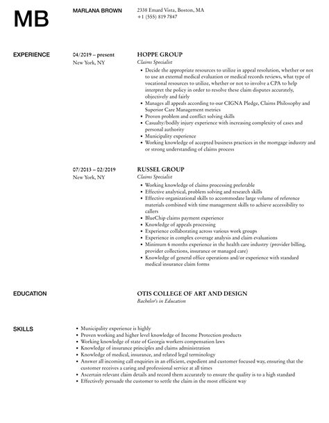 Claims Specialist Resume Samples Velvet Jobs