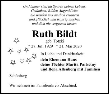 Traueranzeigen Von Ruth Bildt Trauer Anzeigen De