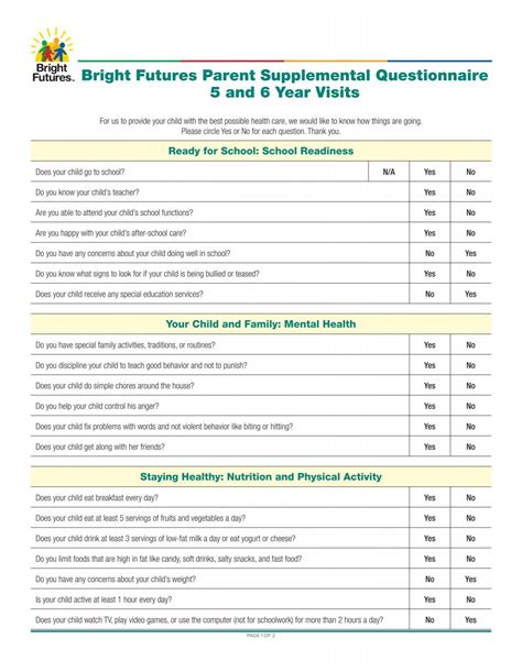 Bright Futures Parent Supplemental Questionnaire 5 And 6 Year Visits