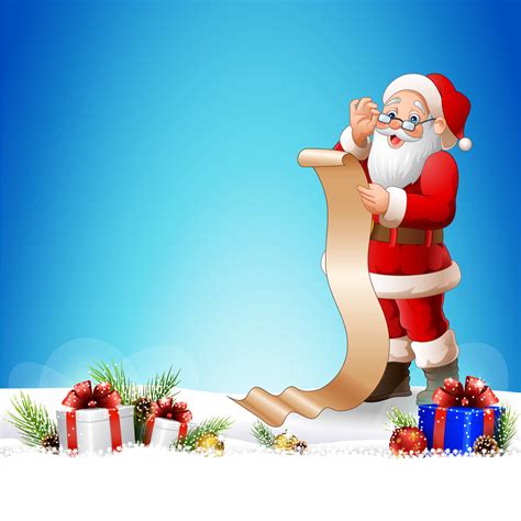 Christmas Background With Santa Claus Reading A Long List Of Gifts