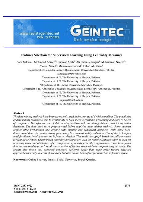 pdf features selection for supervised learning using centrality measures