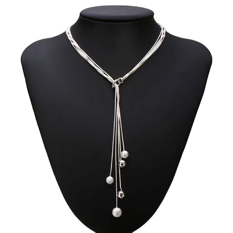 Trendy Silver Jewelry Necklace Classic Round Beads Tassel Long Chain