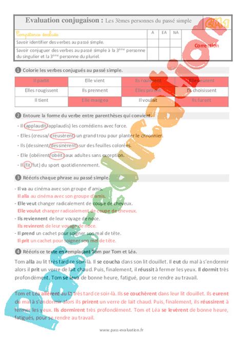 Evaluation avec le corrigé pour le CM1 Les 3e personnes du passé