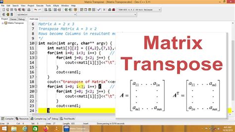 transpose of matrix in c cpp programming video tutorial youtube